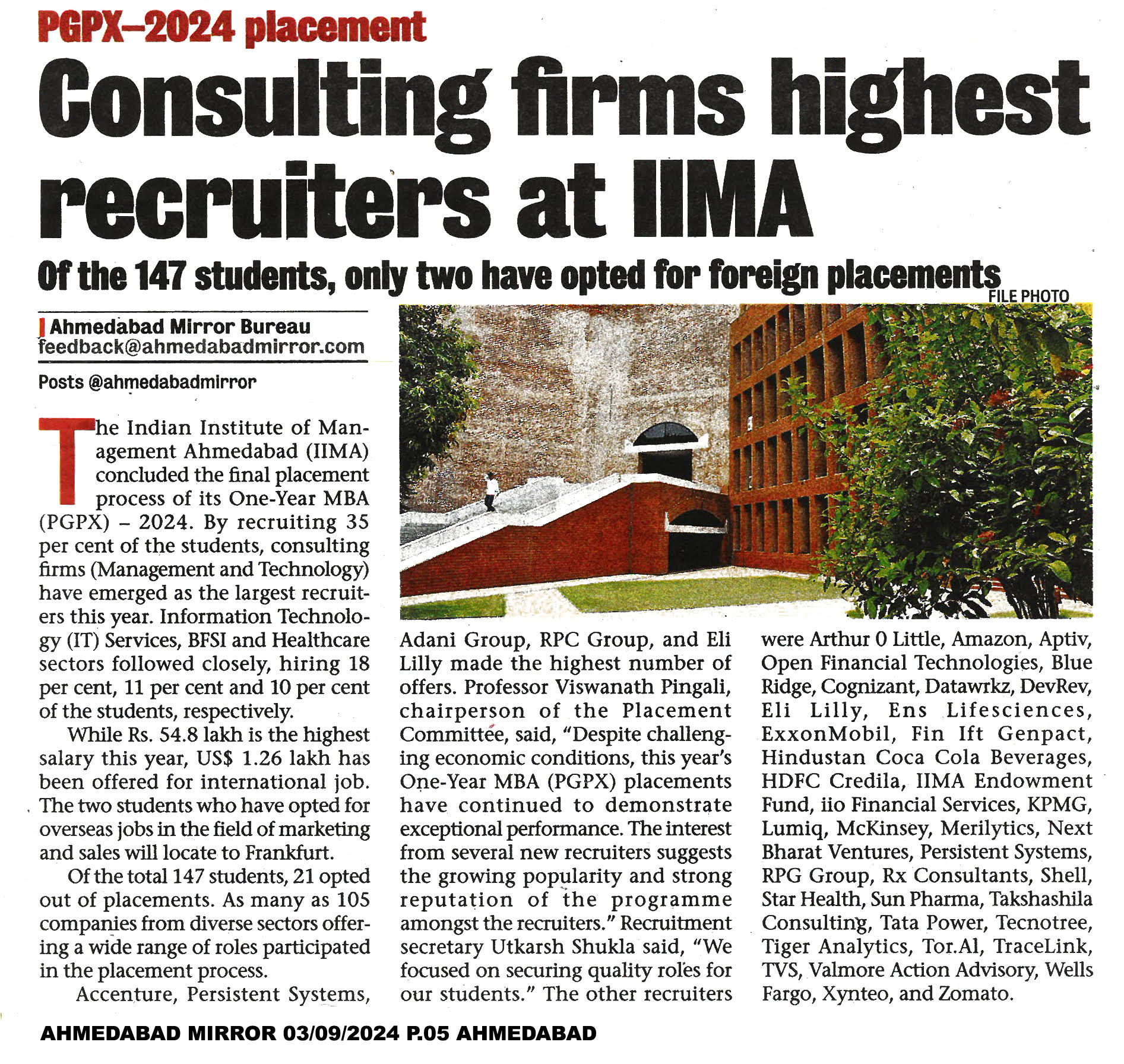 Consulting firms highest recruiters at IIMA | IIMA